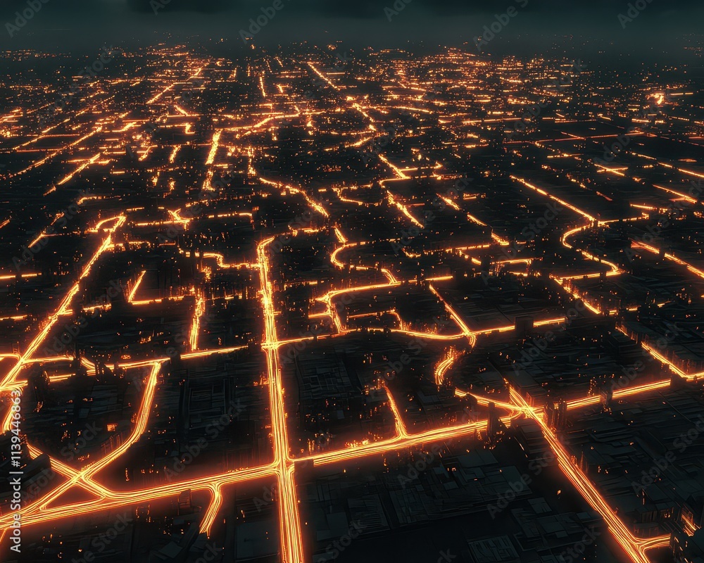 Drone image of a city divided into grids, glowing lines indicating ...