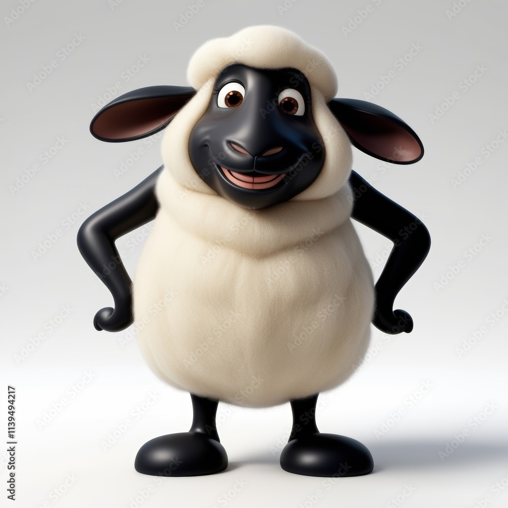 Cartoon style sheep character with fluffy body, black face, and hands ...