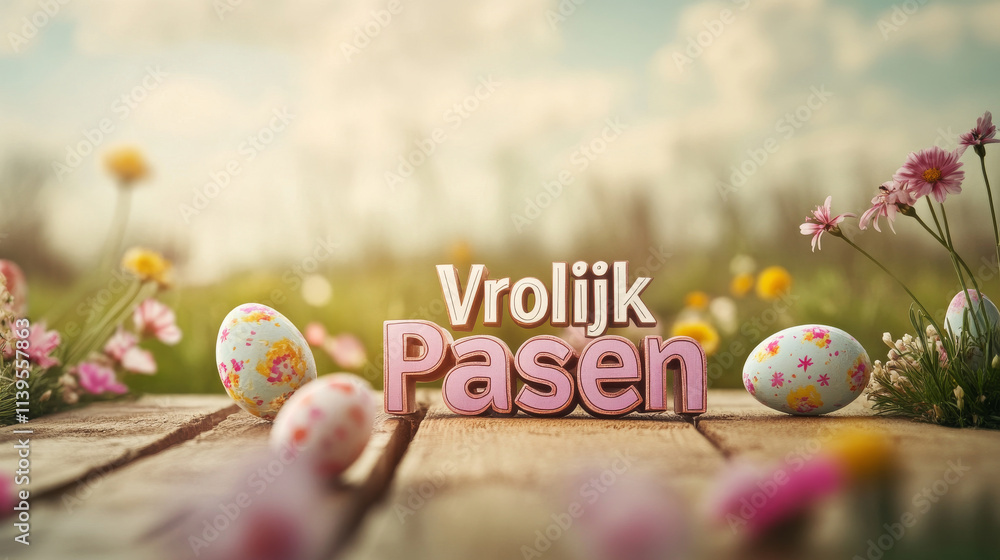 Happy Easter banner background with written in Dutch language Vrolijk ...