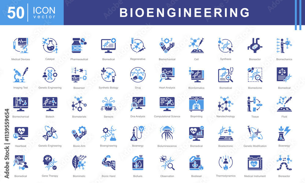 Bioengineering icon set of biomedical, bioluminescence, model, mineral ...