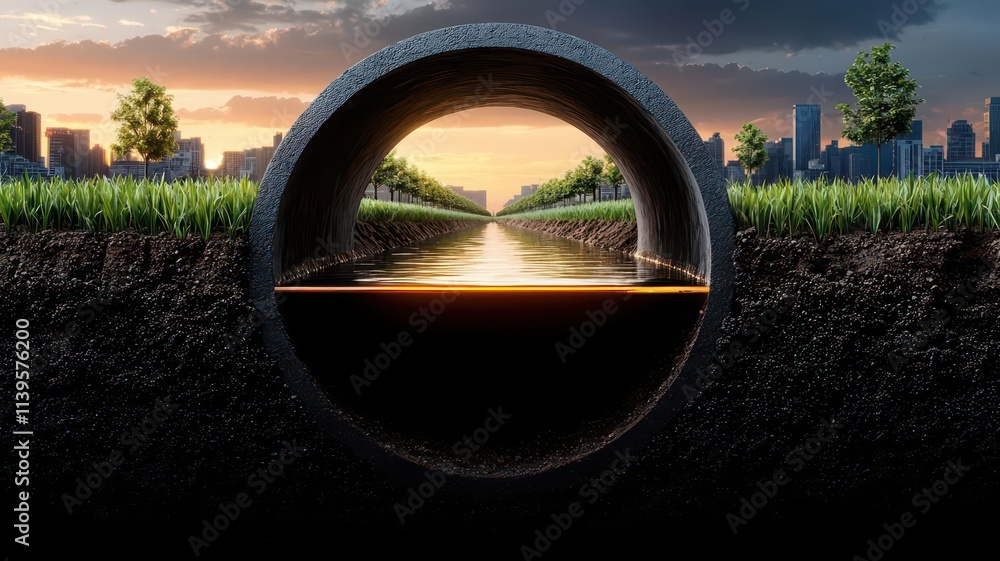Cross section view of underground wastewater pipes beneath a city ...