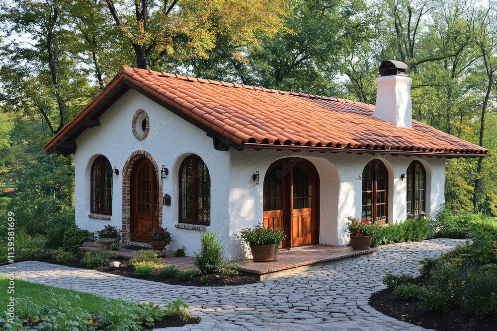 Spanish style house exterior showing terracotta roof and stucco walls ...