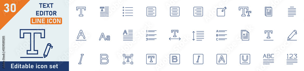 Text Editor line icon set. Set of 30 outline icons related to text ...