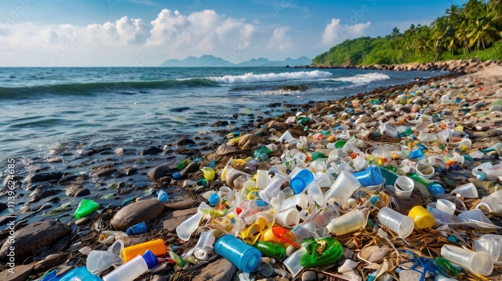 Catastrophic scale of plastic pollution tropical seas. Many lot of ...