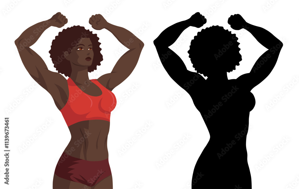 Vector set of African women bodybuilder in retro style and black ...