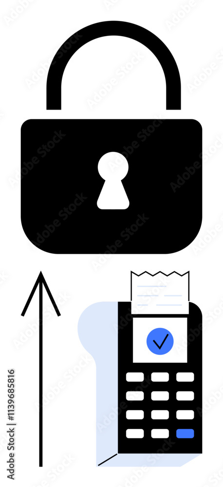 Large lock above payment terminal with check mark receipt, black arrow ...