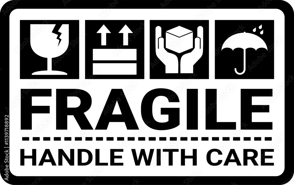 sticker fragile handle with care, black and white warning label ...
