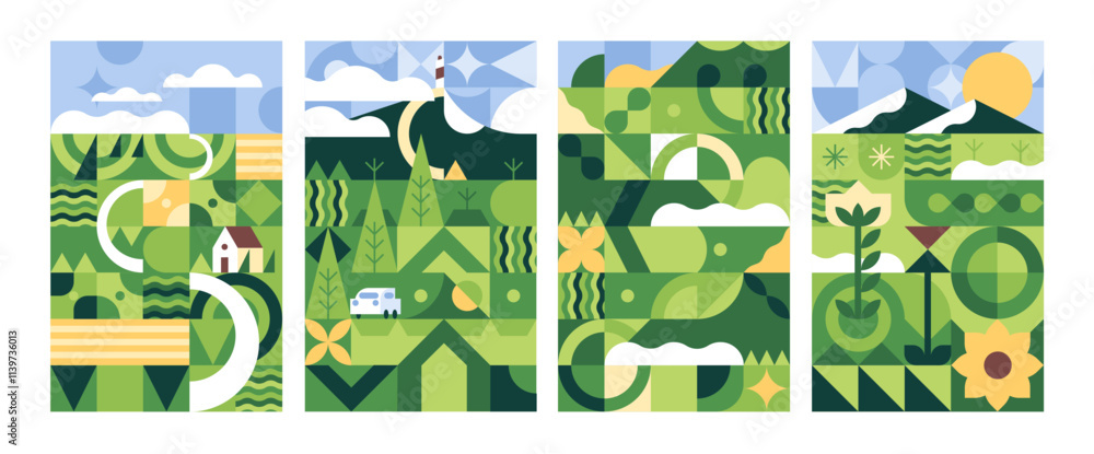 Summer geometric landscape posters set. Abstract countryside nature ...
