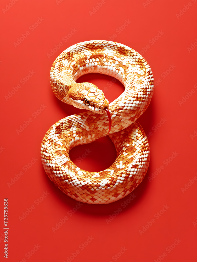 A golden snake on an isolated red background. The snake's body is ...