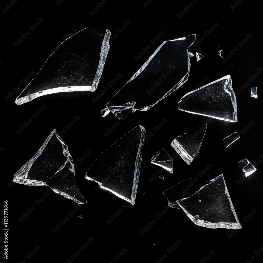 Shattered glass pieces scattered on a black background create a ...
