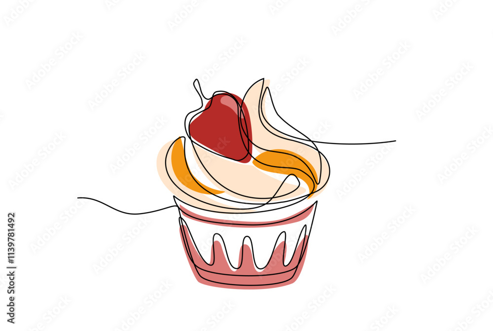 Continuous line drawing of cupcake with strawberry. Single one line ...