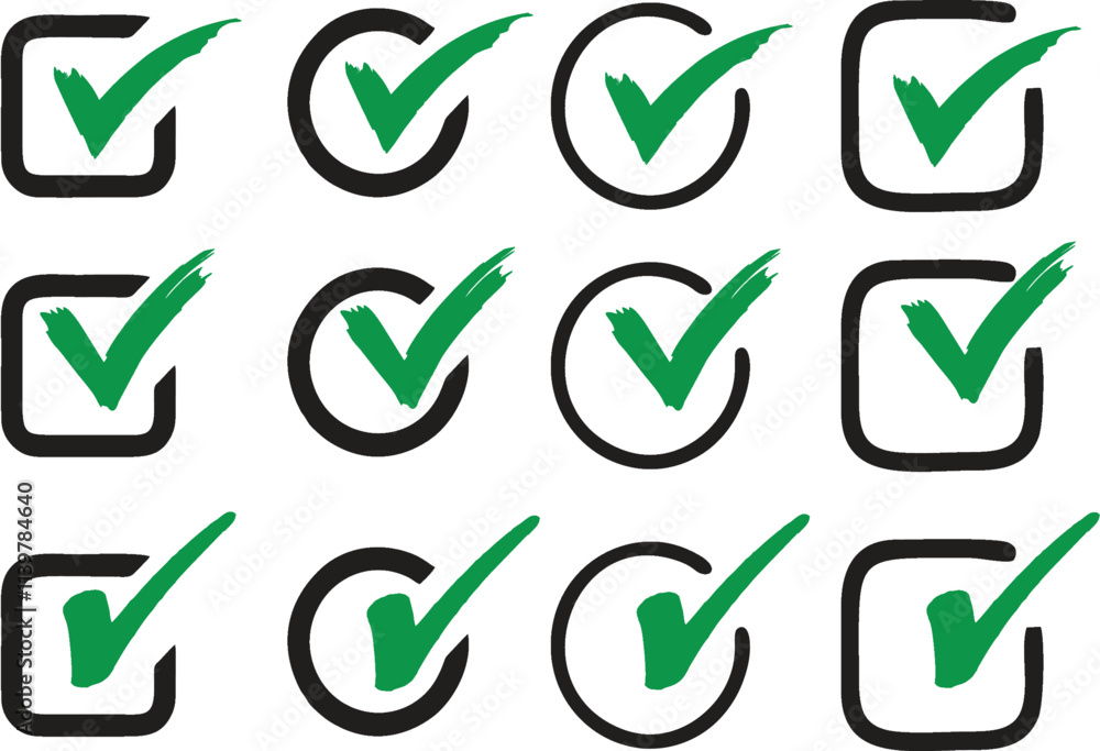 Check mark right or correct icons in box. Different style and shape ...