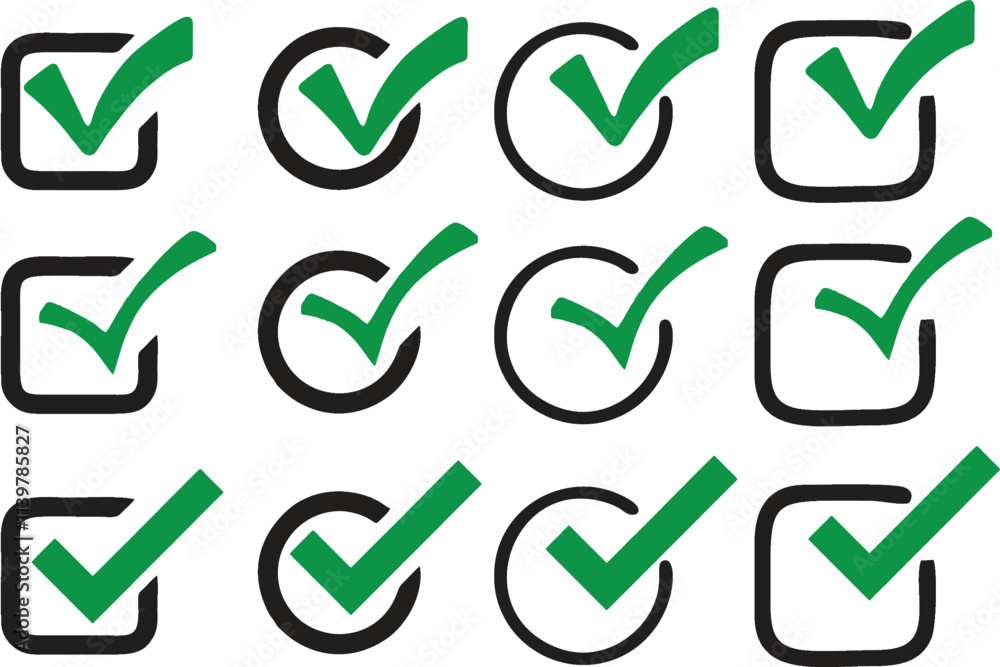 Check mark right or correct icons in box. Different style and shape ...