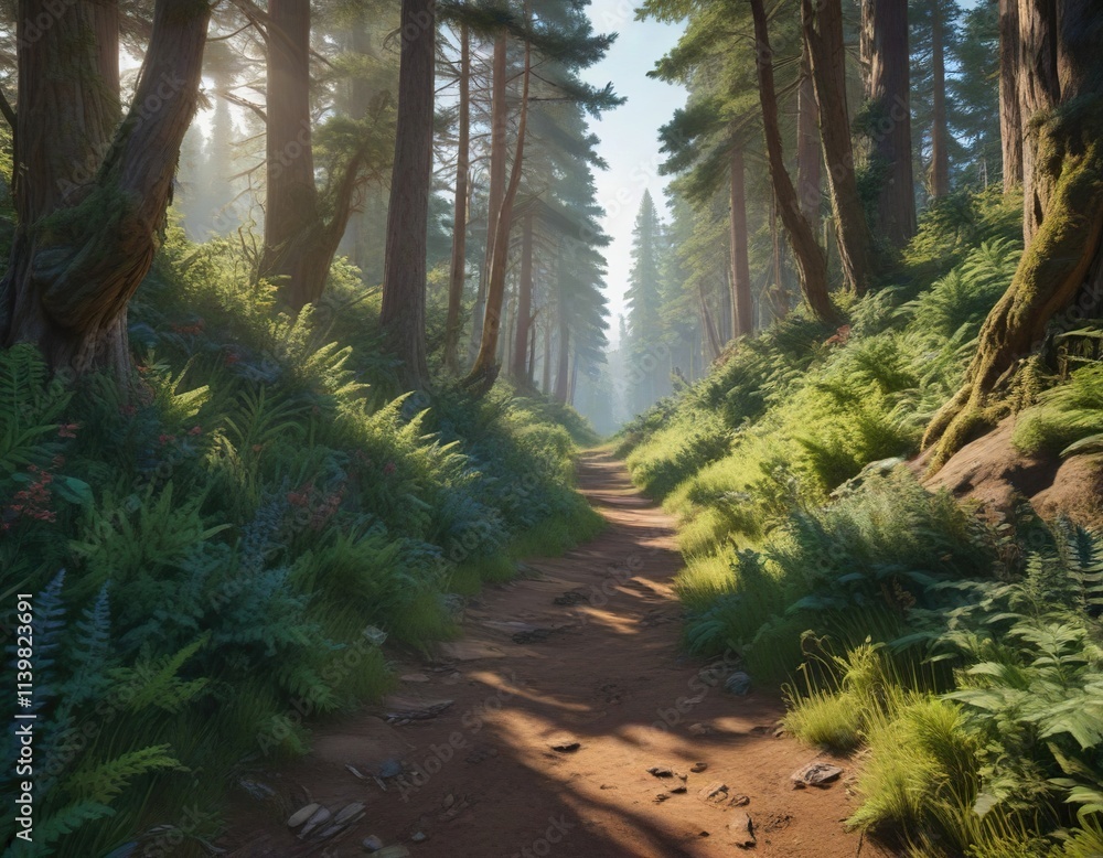 Overgrown coniferous forest path with thick underbrush and vines ...