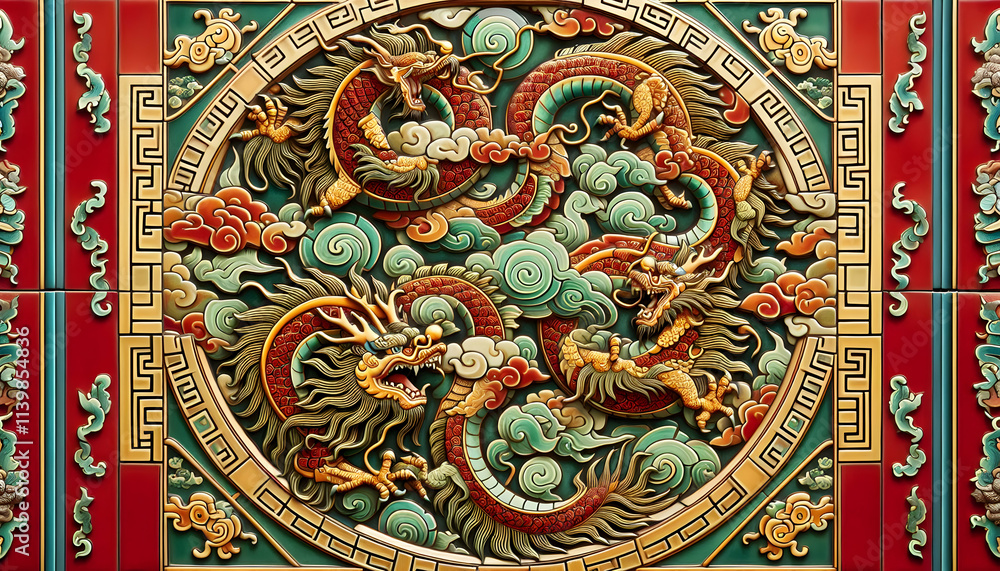 Tile Intricate Chinese tile design with dragons and clouds, in rich red ...