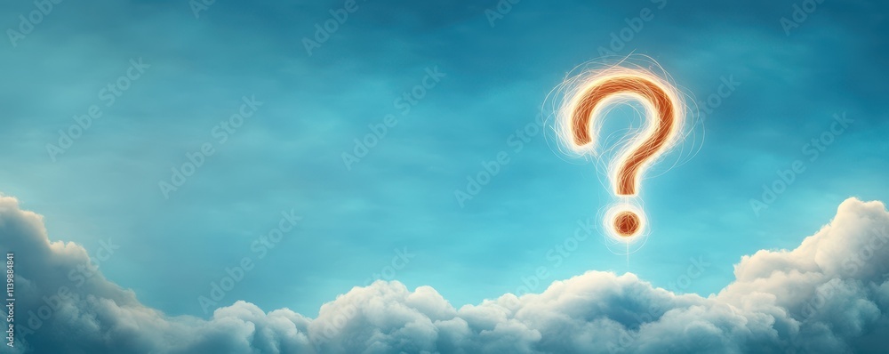Dreamlike scene with questioning symbols, A glowing question mark ...
