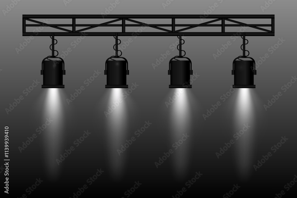 Spotlight set. Four stage lights green beams, hanging from a truss ...