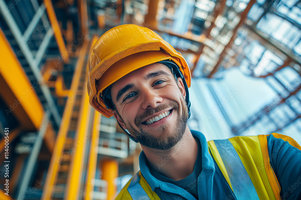 Smiling offshore crane operator, in a safety helmet on an offshore ...