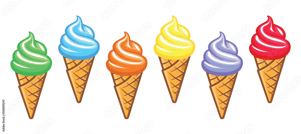 simple fun cartoon soft serve various flavors colors icecream in waffle ...