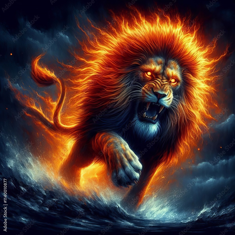 Painting of an angry male lion pouncing with fiery hair against a dark ...
