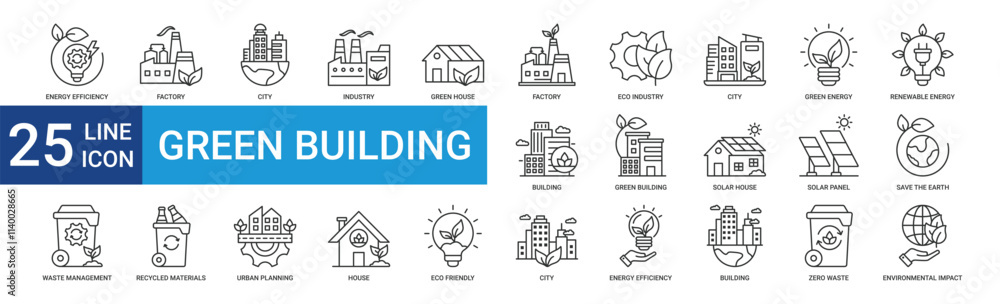 Vektor Green building icon collection set with efficiency, factory ...