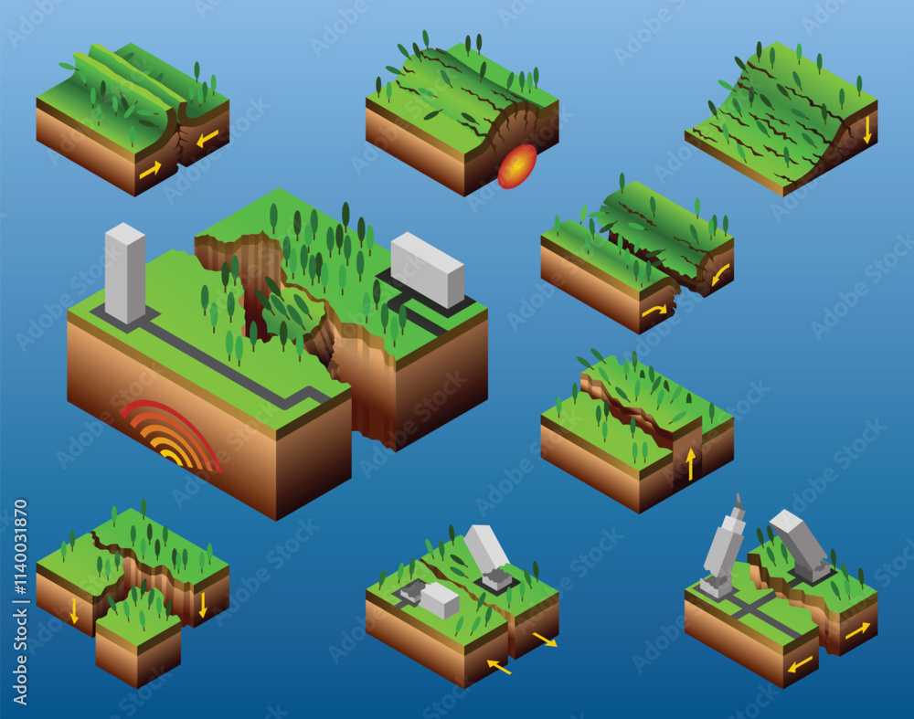 Seismic activity diagram. Vector isometric Earth crust compression ...