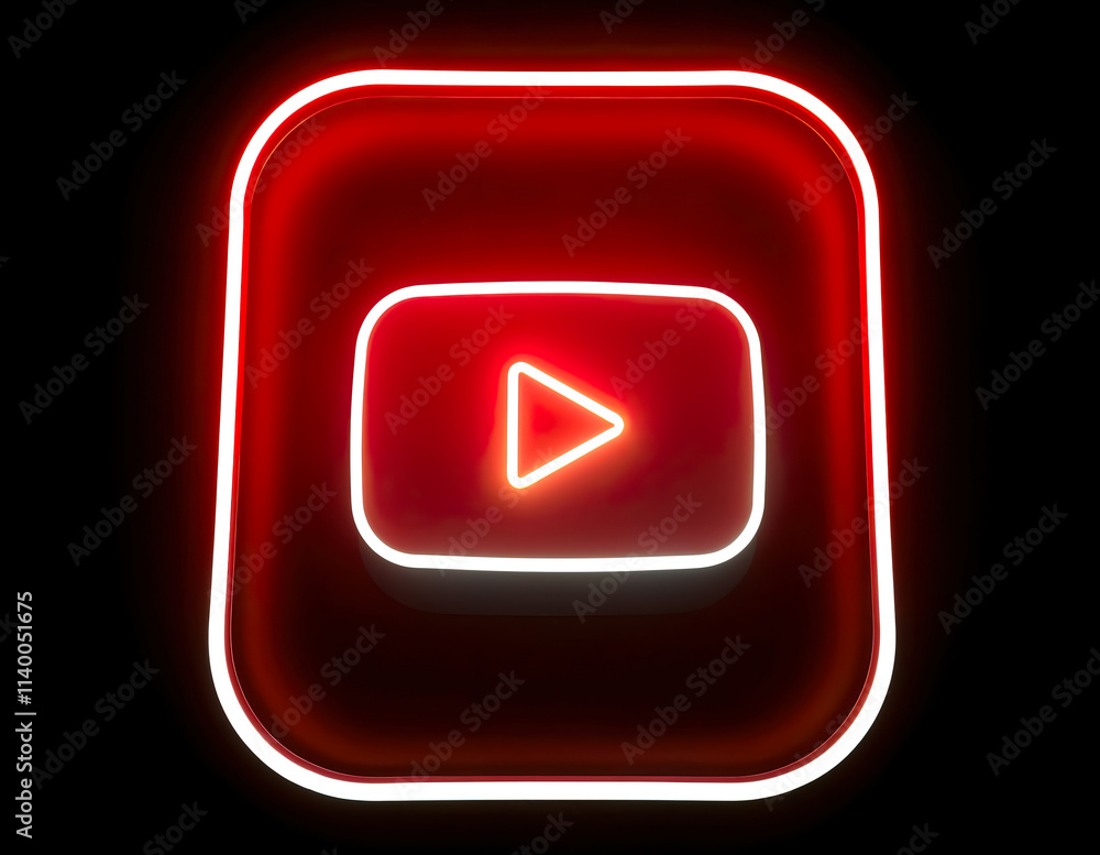 neon youtube square play button glowing red modern social media icon ...