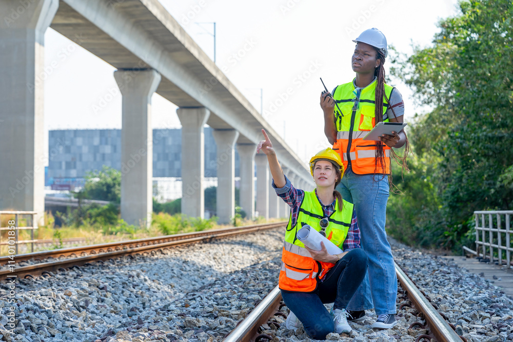 Foto de Stock young multiracial female railway engineer,caucasian and african,inspecting at ...