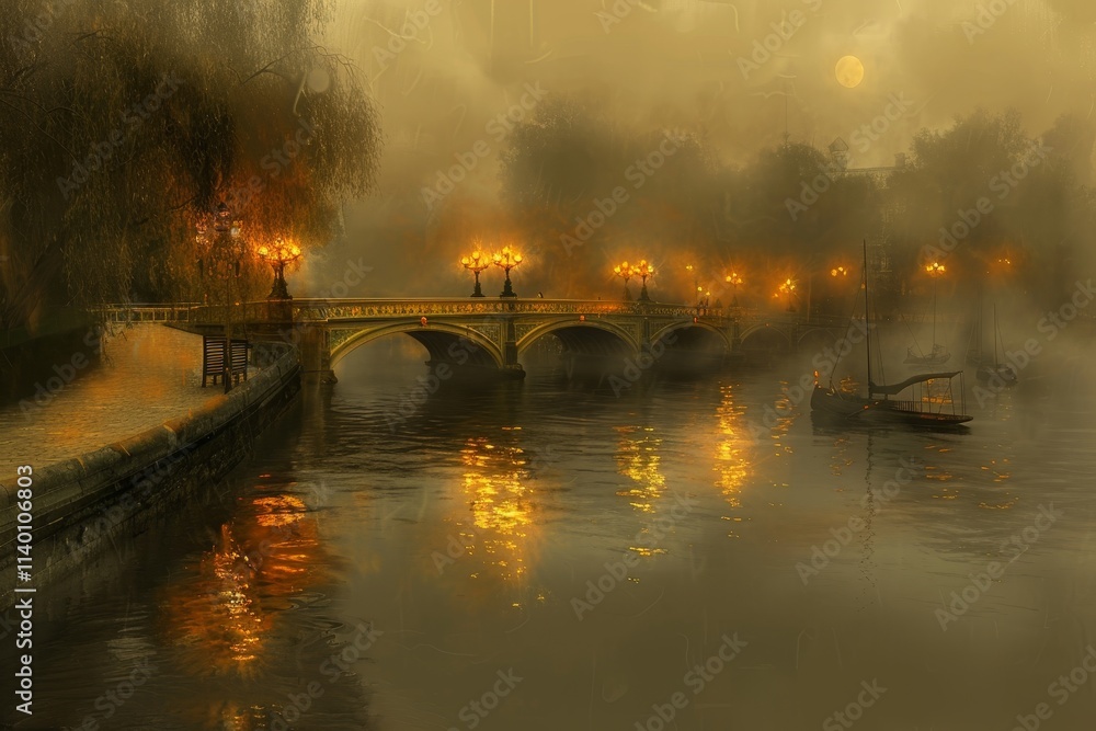 Atmospheric victorian london scene at dusk with gas lights, fog, and ...