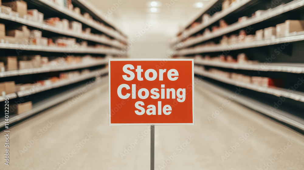 Store closing sale sign displayed in half empty aisle, indicating ...