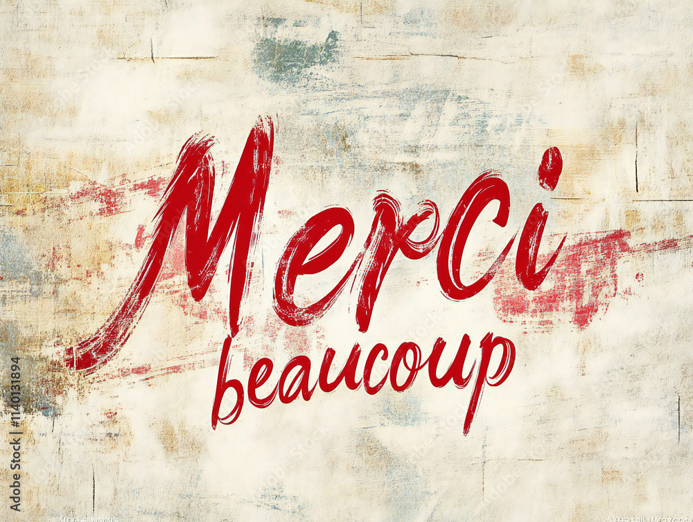 Merci beaucoup in red calligraphy on a textured cream background ...