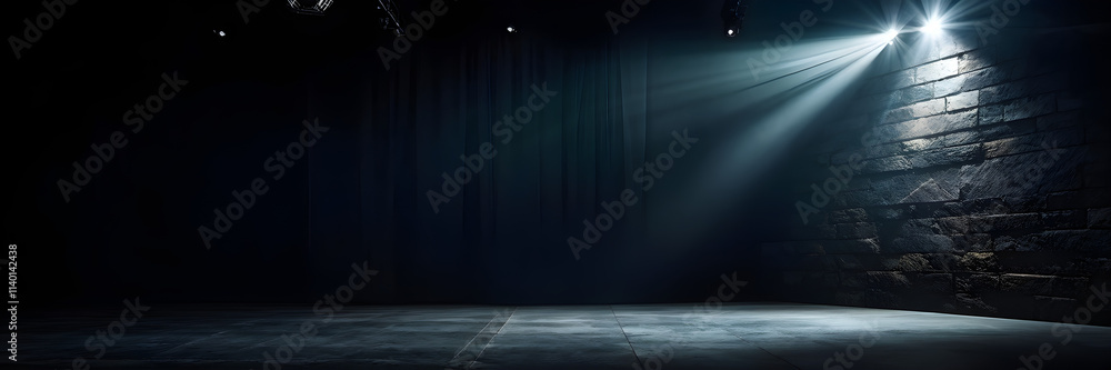 Spotlight casting a beam of focused light on a bare stage wall, serving ...