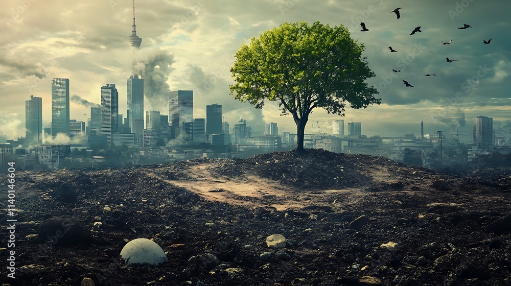 Solitary green tree thrives on a desolate hill overlooking a polluted ...