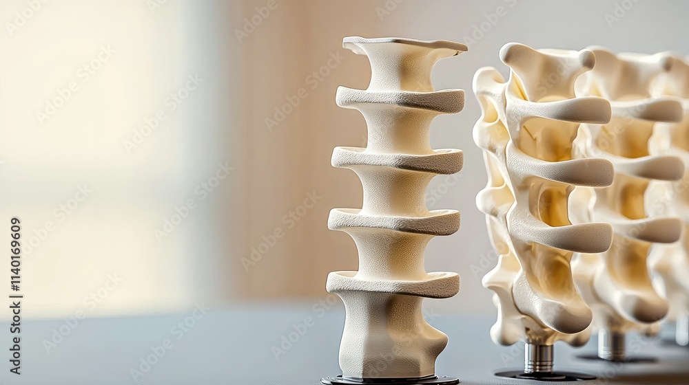 Medical prosthetics concept. 3D printed vertebra models showcasing spinal anatomy and design ...