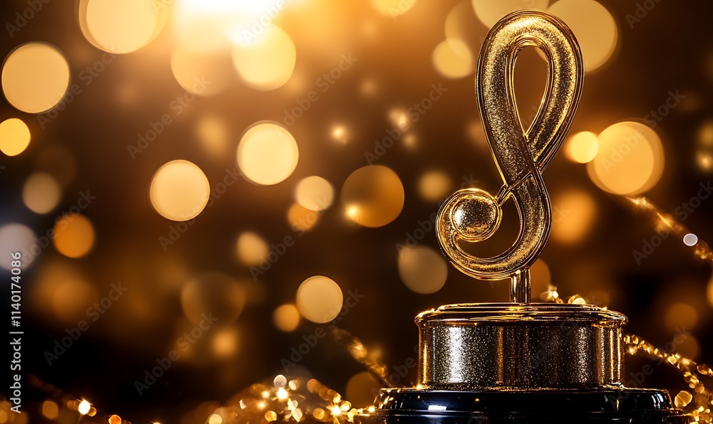 Golden g clef award shining on stage with blurred golden background ...
