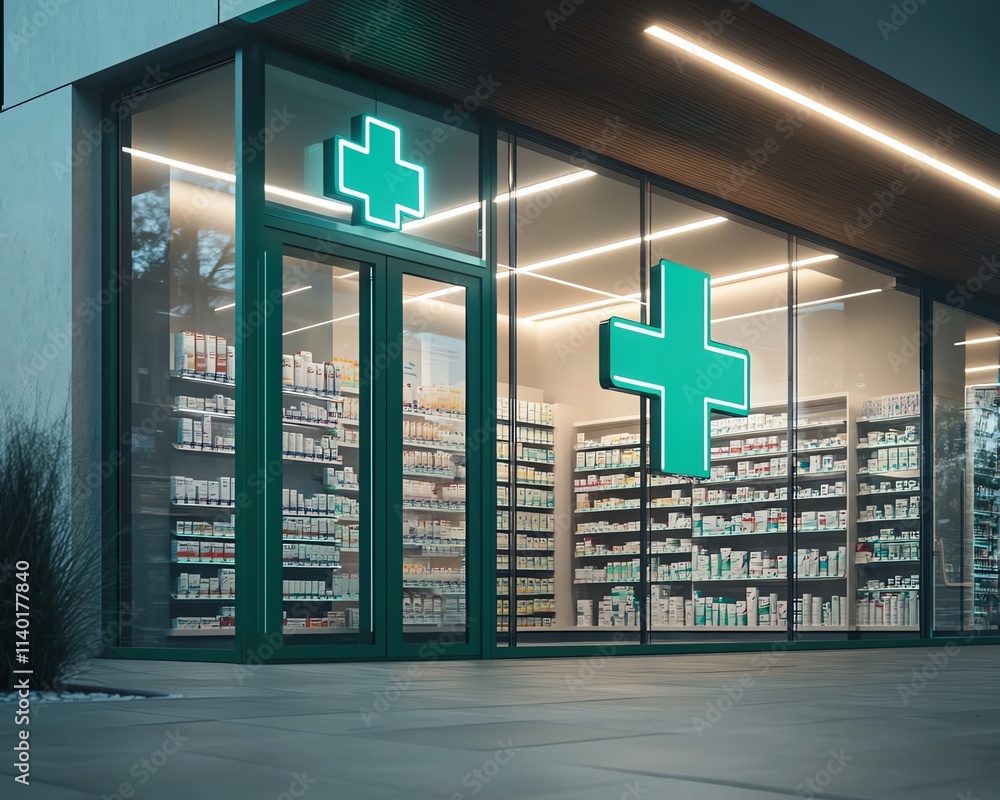 Pharmacy green cross sign on the window, shelves of pharmaceutical ...