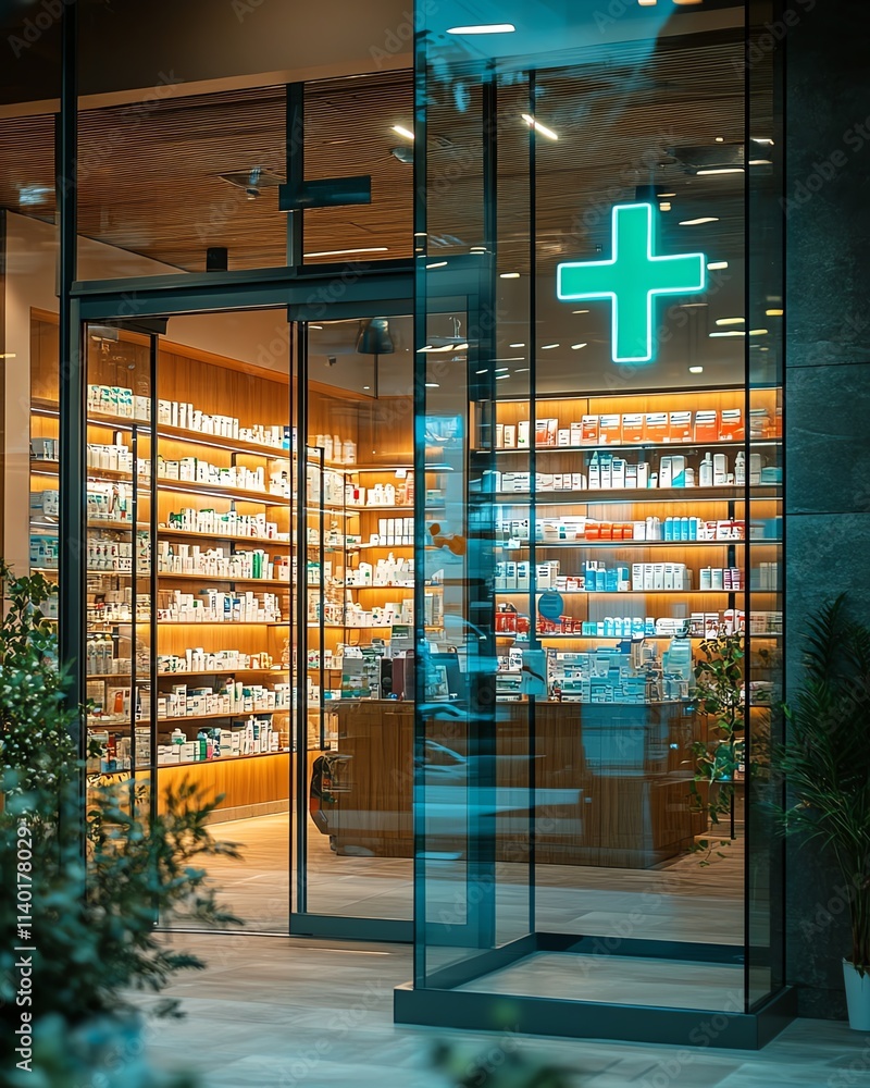 Pharmacy green cross symbol on window, inside shelves full of medical ...