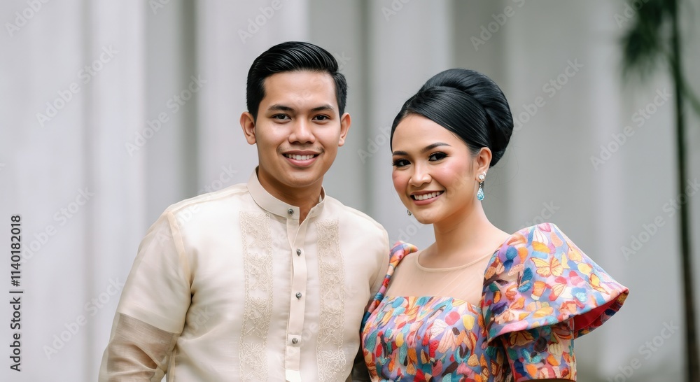 Smiling young asian couple in traditional attire, celebrating cultural ...