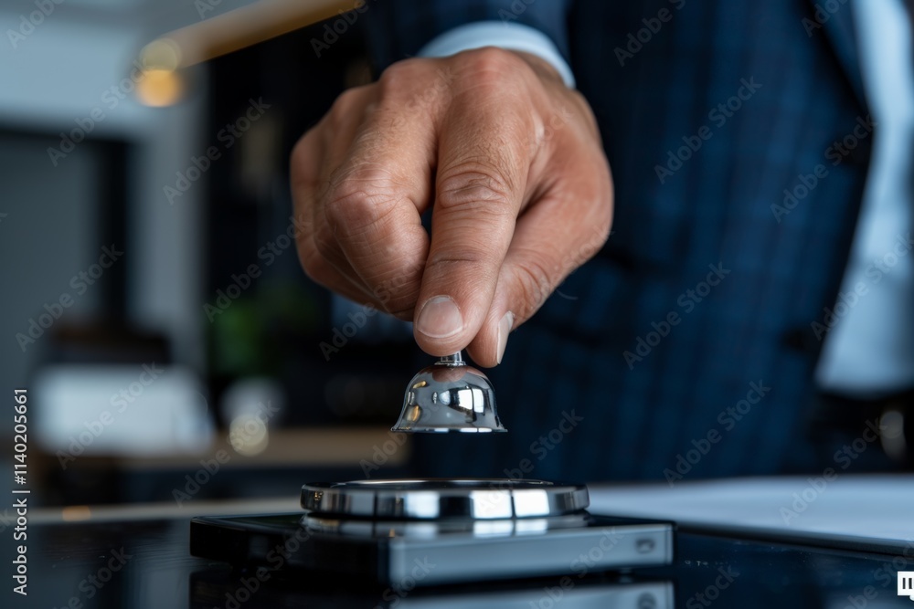 Professional hand pressing a call bell on an office desk, symbolizing ...