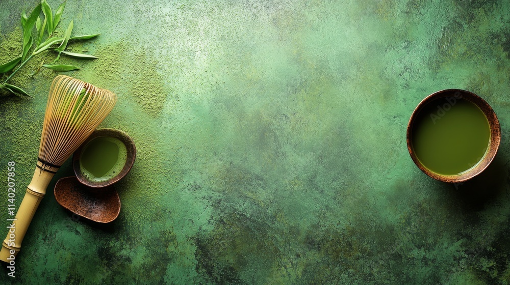 68.Smooth green matcha powder background with a bowl of matcha and a ...