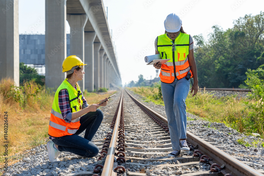 young multiracial female railway engineer,caucasian and african,inspecting at railroad tracks ...