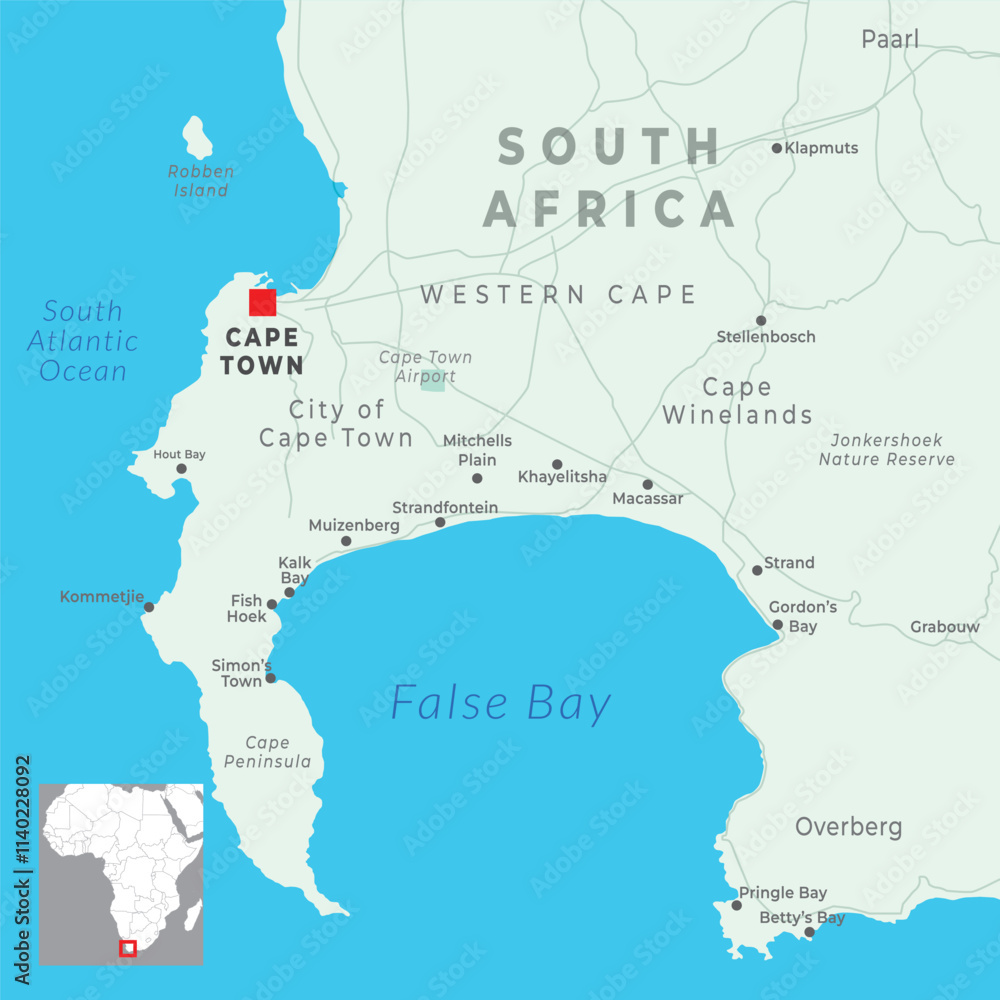 Detailed political map of the Cape of Good Hope region in South Africa ...