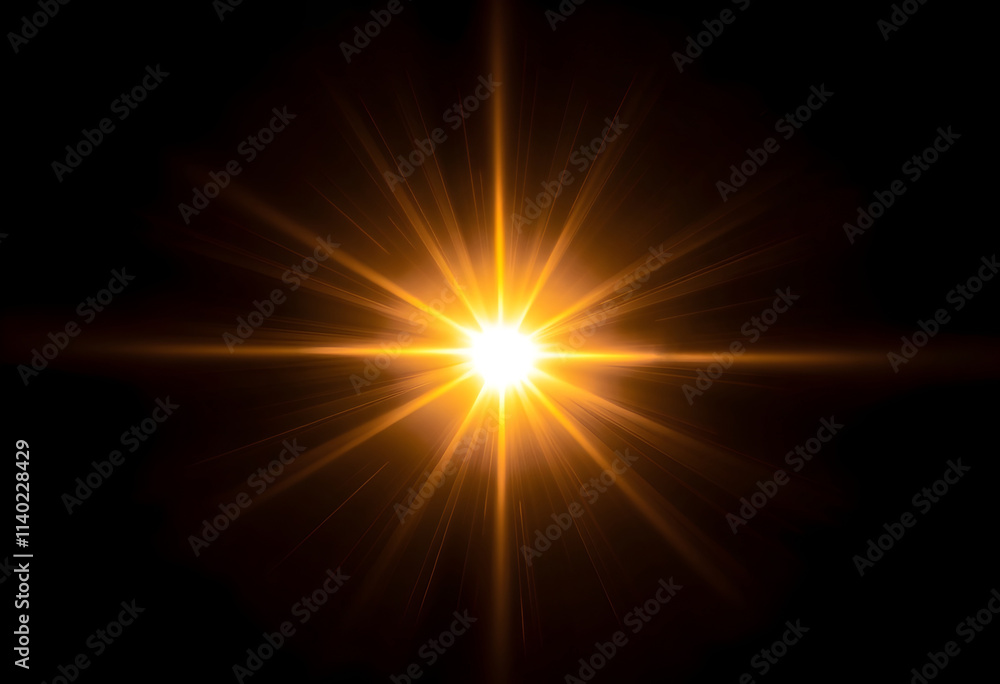 Golden lens flare effect with glowing rays. Light overlay on black ...