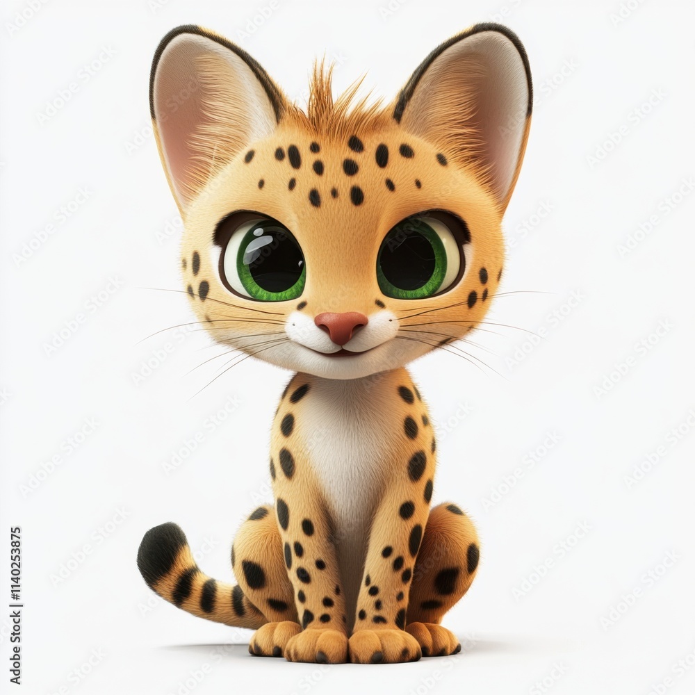 Cute serval cartoon, 3D rendered, white background, playful style ...