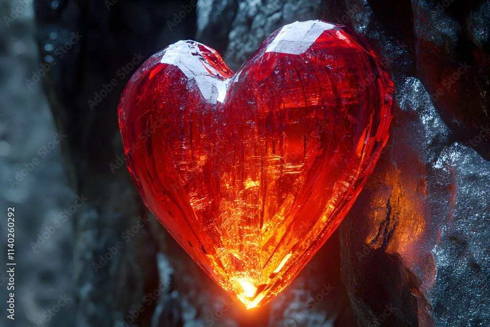 Glowing Red Heart Shaped Crystal on Rocky Background - Romantic Symbol ...