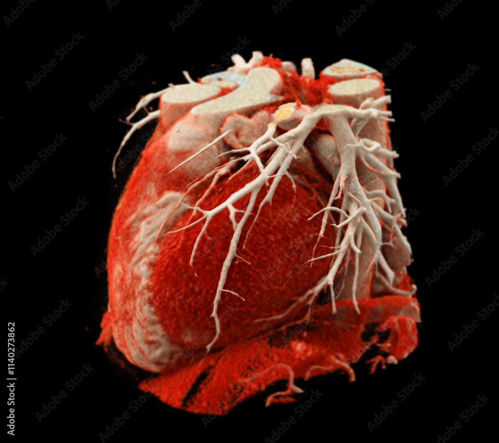 Realistic Coronary Artery CTA:.The image features a 3D coronary artery CTA scan, highlighting ...