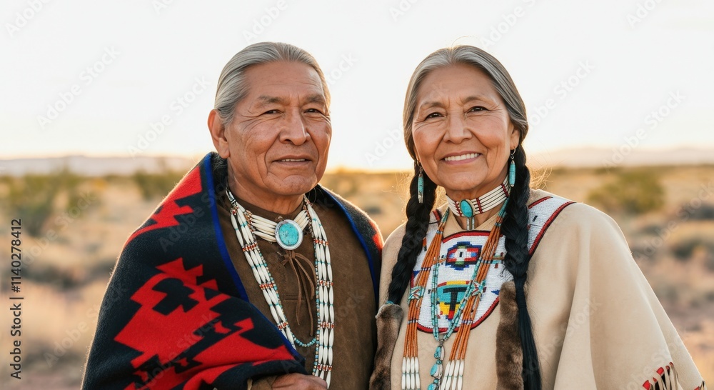 Native american couple in traditional attire in natural landscape Stock ...