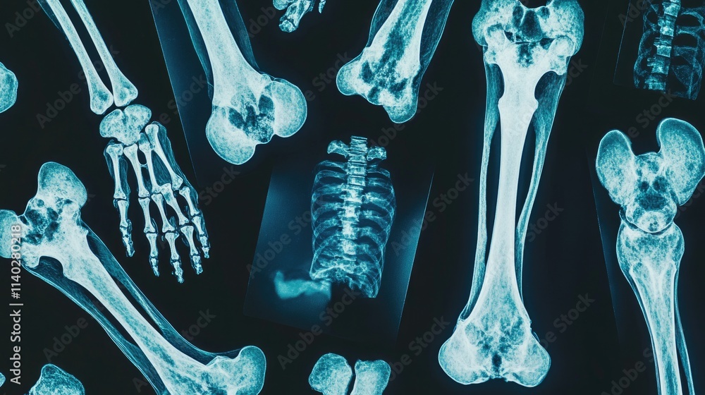 Collection of human bones and skeletal parts in X-ray images の Stock ...