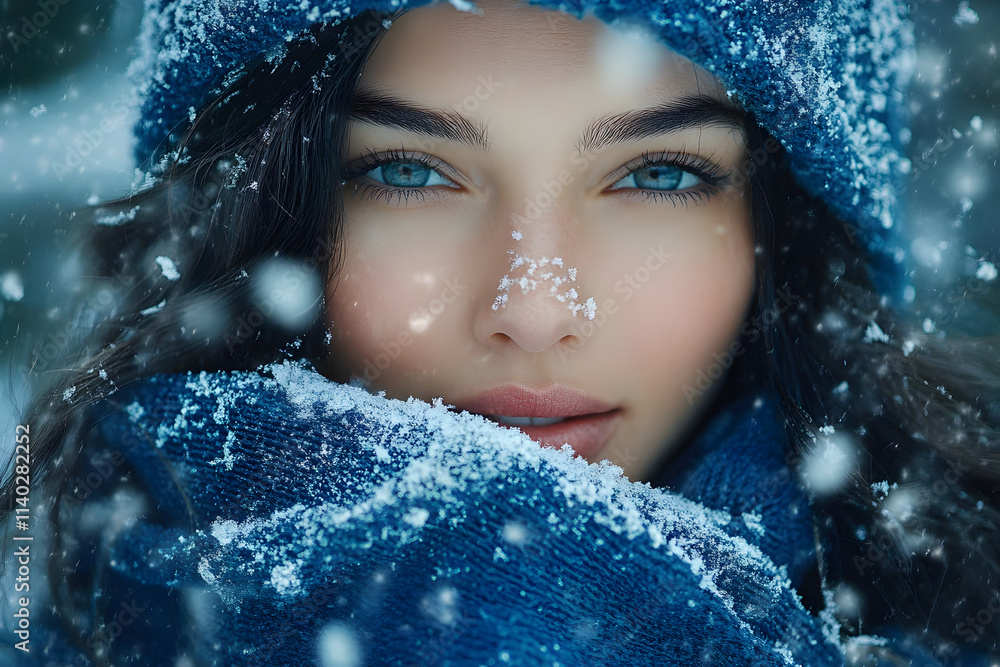 Beautiful woman wearing blue winter clothes enjoying snowfall Stock ...