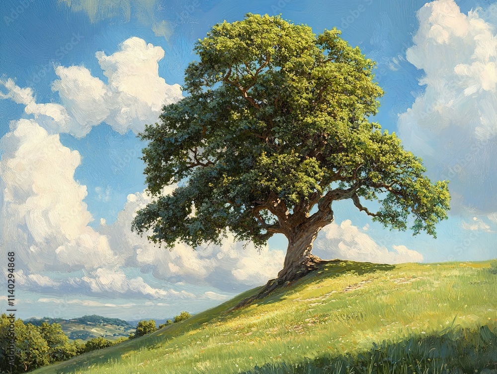 Solitary sycamore tree on gentle slope scenic landscape nature ...